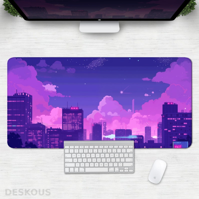 Kawaii Mouse Pad XXL / Desk Mat, RGB City Aesthetic, Headphones, Blue ...