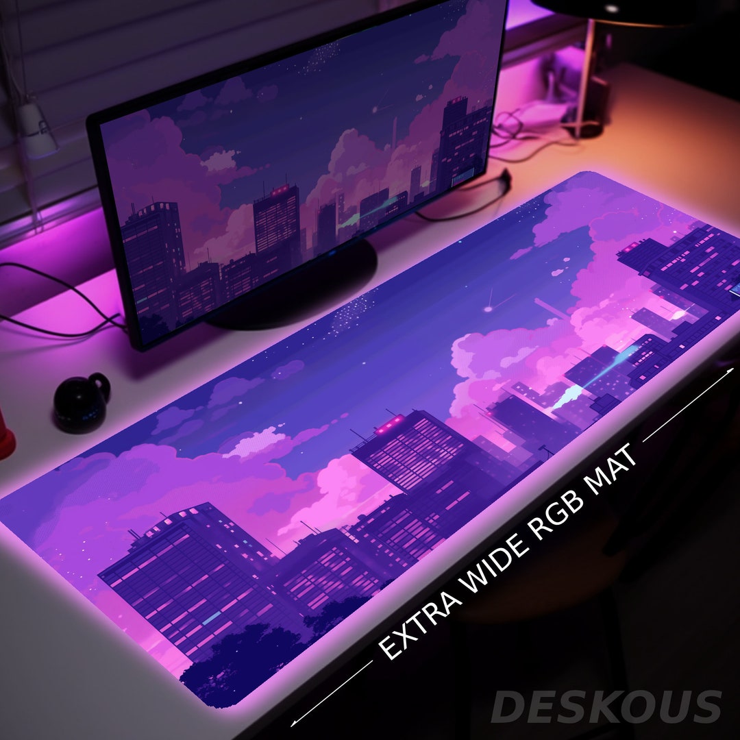 Kawaii Mouse Pad XXL / Desk Mat, RGB City Aesthetic, Headphones, Blue ...