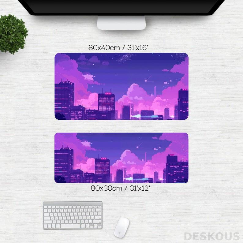 Kawaii Mouse Pad XXL / Desk Mat, RGB City Aesthetic, Headphones, Blue ...