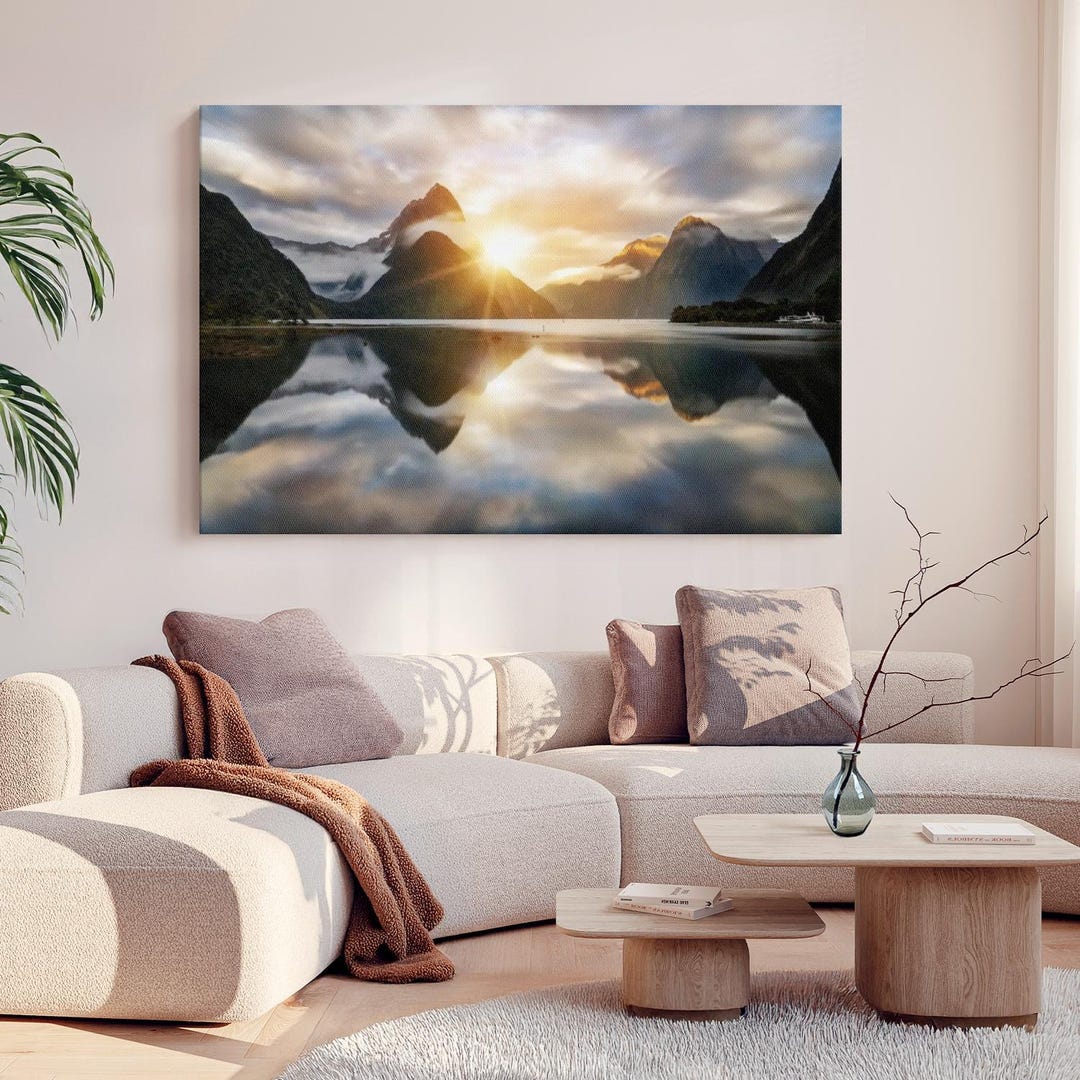 Milford Sound Mountain Sunrise Wall Art - Horizontal Framed Canvas ...