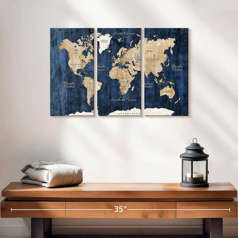 Wood Textured World Map Wall Art - Horizontal 3 Piece Canvas - Dining ...