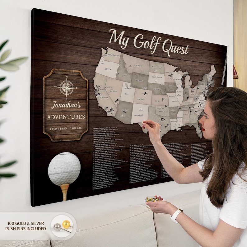 Personalized Golf Push Pin Hobby Map III - Horizontal Canvas - Living ...