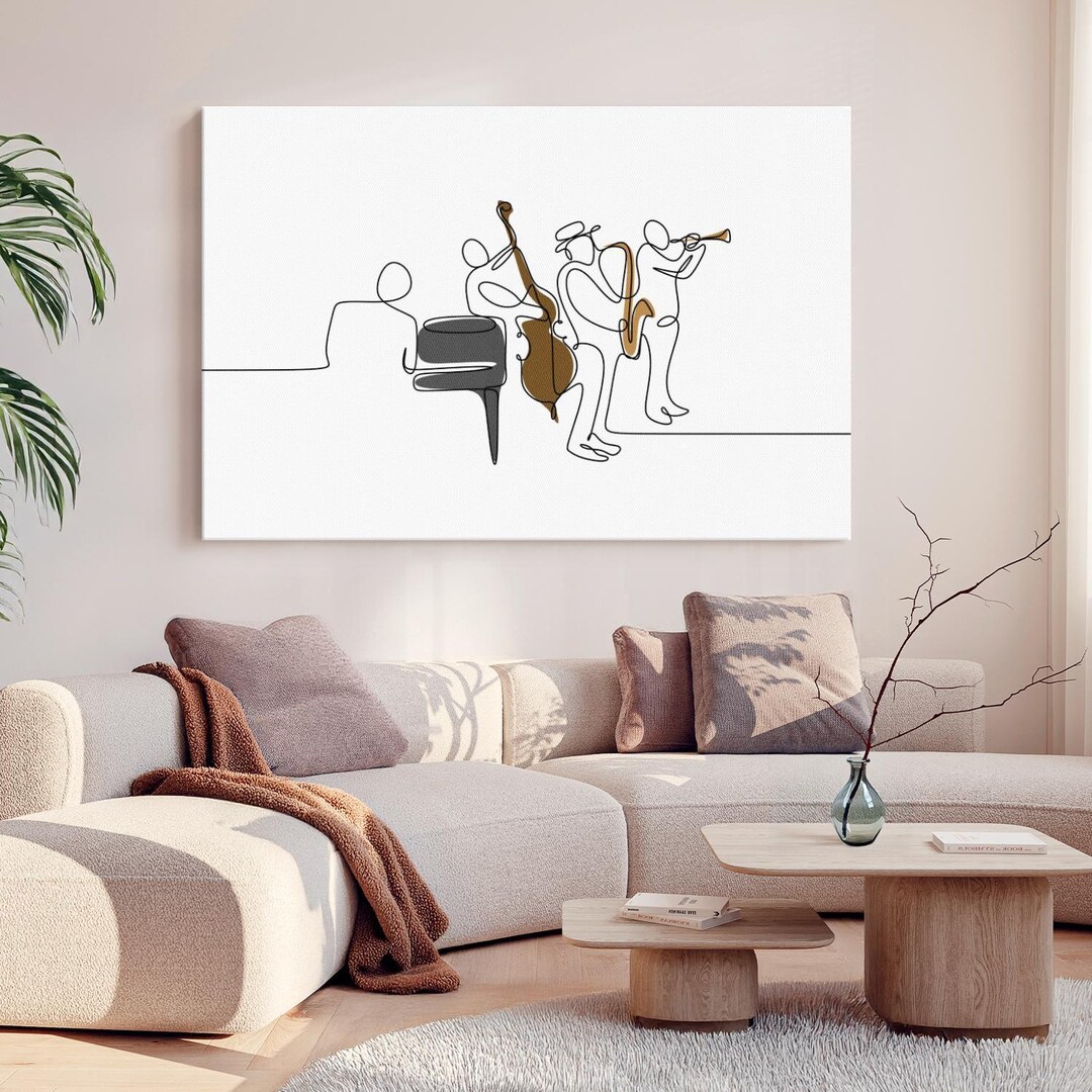 Elephant Stock One Line Jazz Band Wall Art - Horizontal Canvas - Living ...