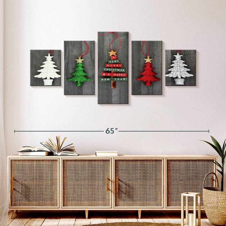 Hanging Christmas Trees Wall Art - Horizontal 5 Piece Canvas - Living ...