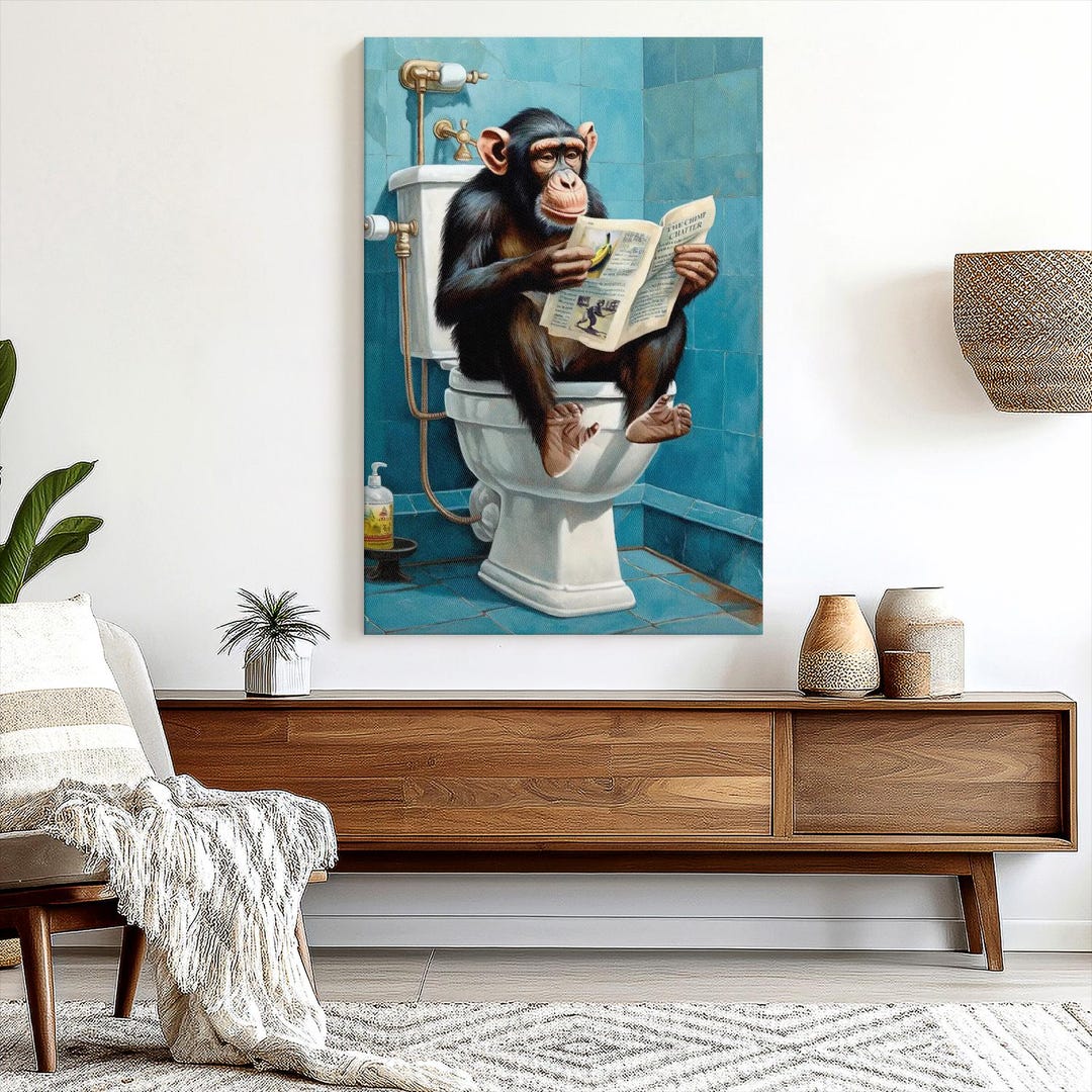 Elephant Stock Chimp on A Toilet Wall Art - Vertical Canvas - Bathroom ...