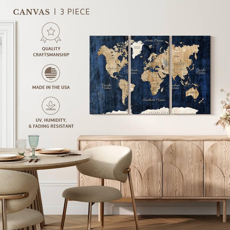 Wood Textured World Map Wall Art - Horizontal 3 Piece Canvas - Dining ...