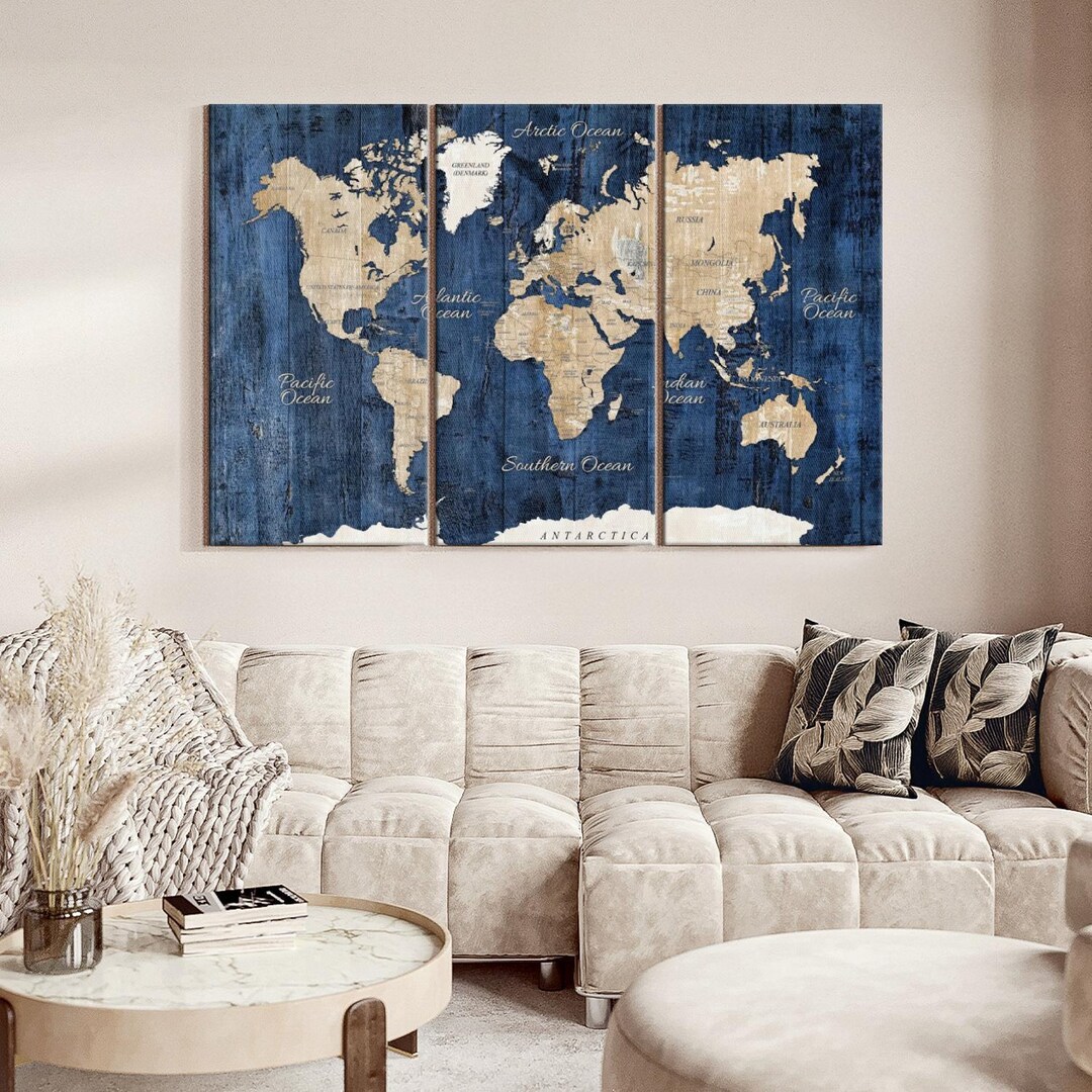 Wood Textured World Map Wall Art - Horizontal 3 Piece Canvas - Dining ...
