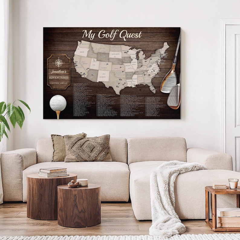 Personalized Golf Push Pin Hobby Map III - Horizontal Canvas - Living ...