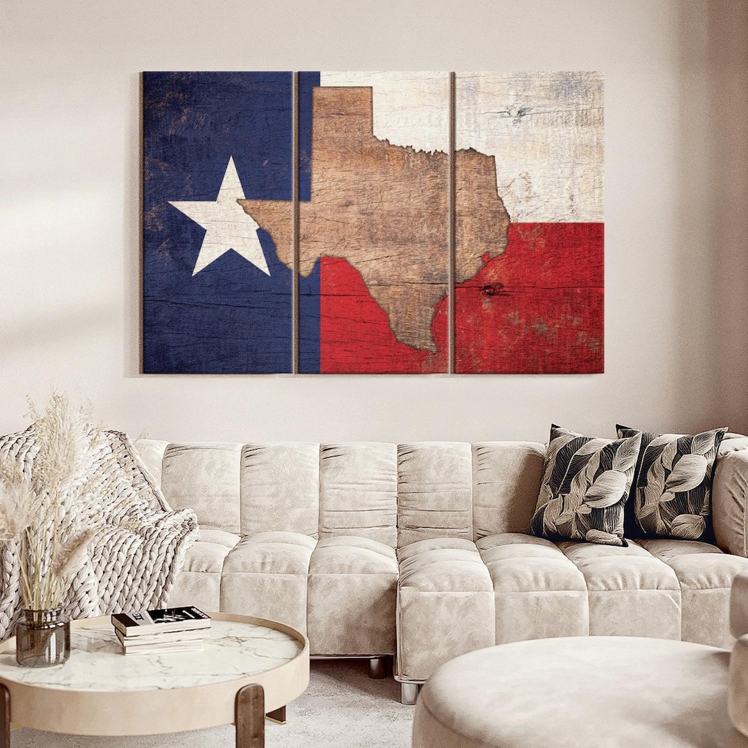 State Map Over Texas Flag Wall Art - Horizontal 3 Piece Canvas - Living ...