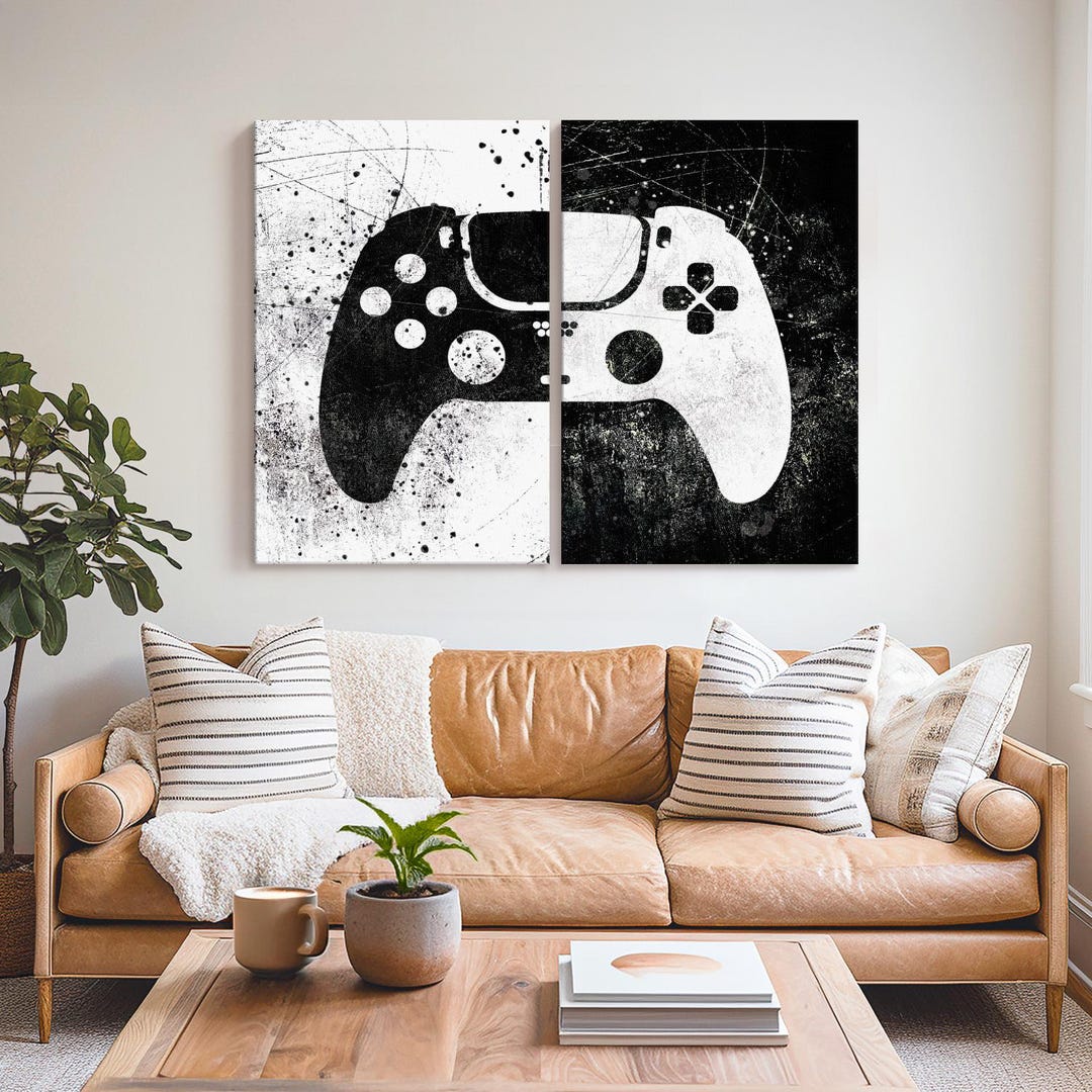 Grunge Game Controller Wall Art - Horizontal 2 Framed Canvas - Mancave ...