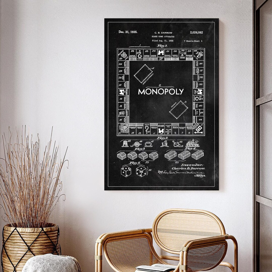 Monopoly BW Patent Wall Art - Vertical Canvas - Living Room Wall Decor ...