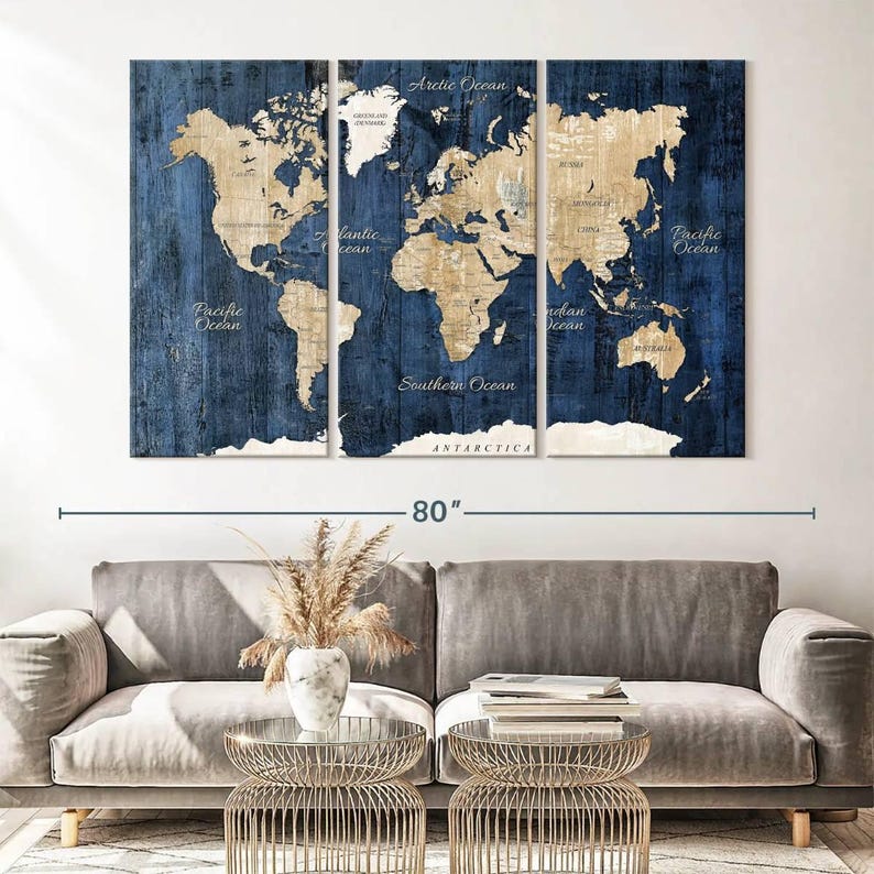 Wood Textured World Map Wall Art - Horizontal 3 Piece Canvas - Dining ...