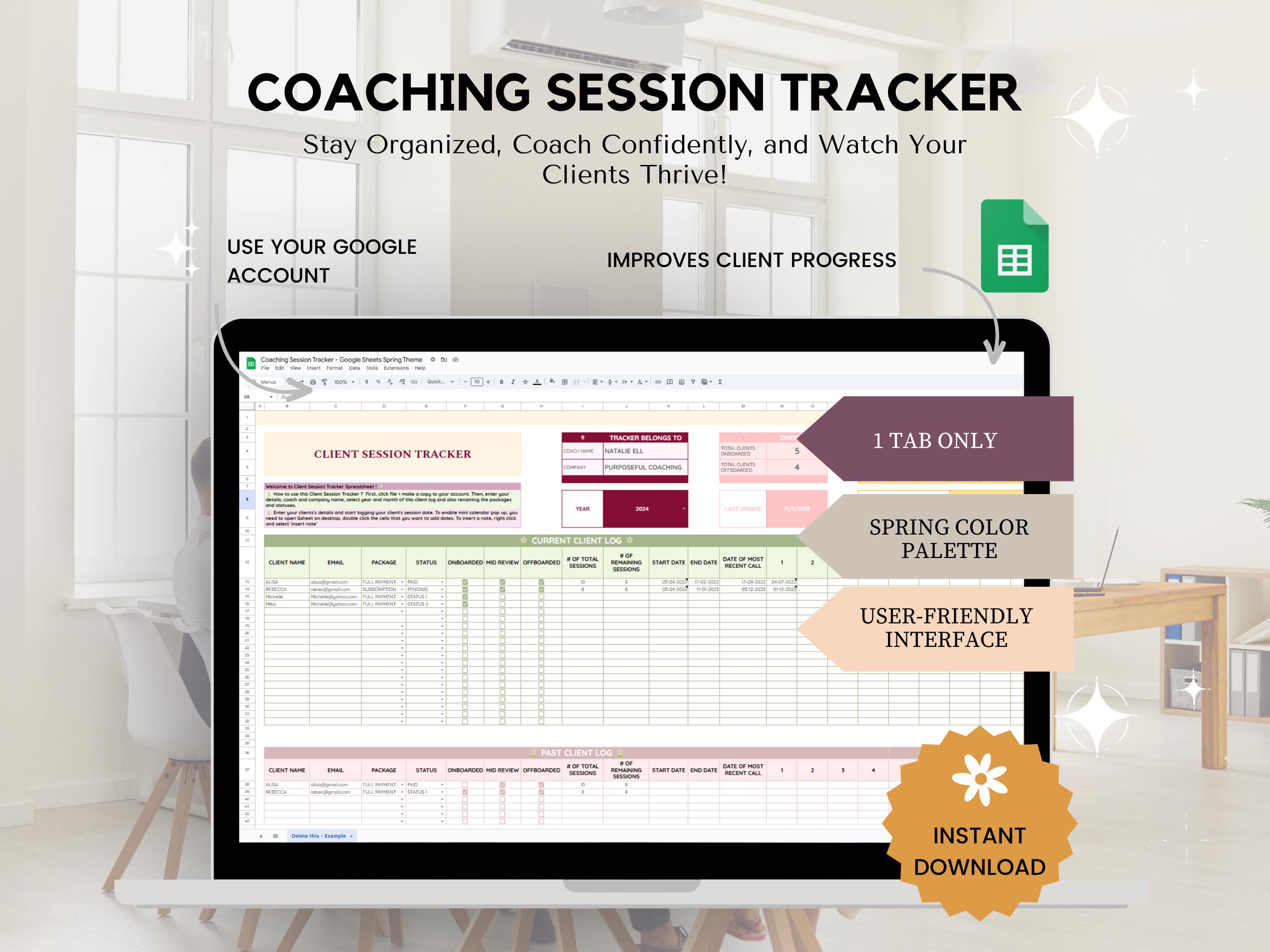 Coaching Session Tracker Google Sheet | Client Progress Tracker ...