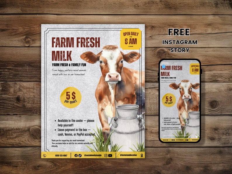 Farm Fresh Milk Sign Printable: Rustic Homestead Dairy Flyer (editable ...