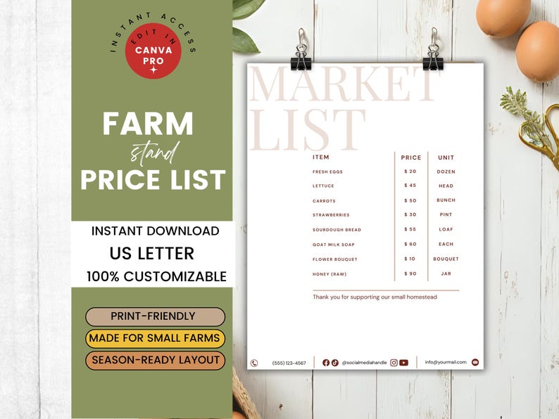 Farm Stand Price List Sign: Minimalist Homestead Produce Template ...