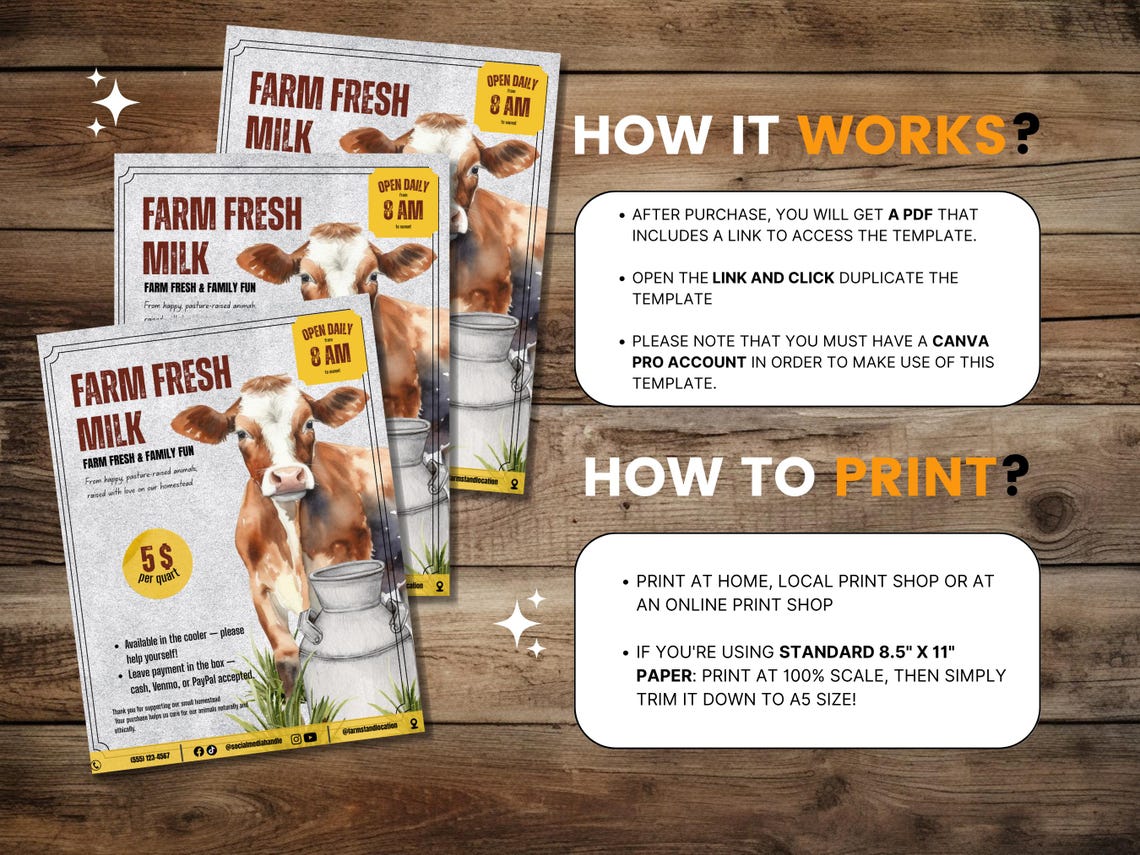 Farm Fresh Milk Sign Printable: Rustic Homestead Dairy Flyer (editable ...
