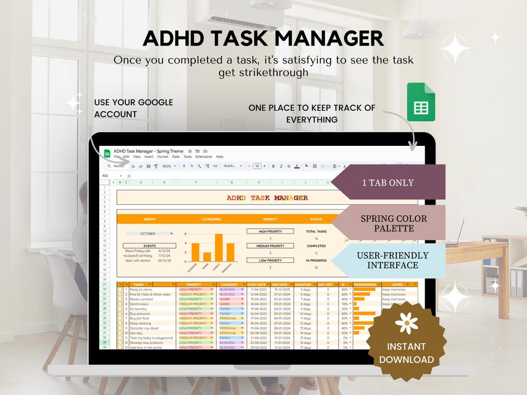 Adhd Task Manager Google Sheet | ADHD Productivity Tracker | ADHD Task ...