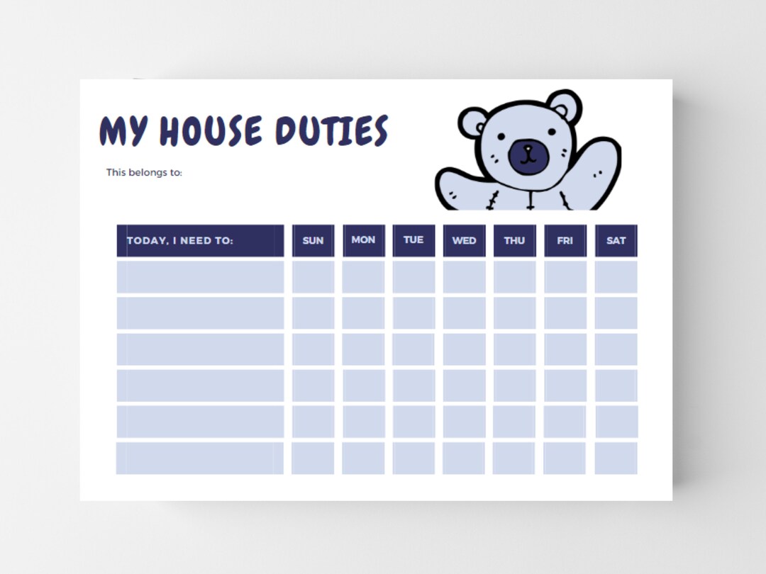 Teddy Bear Chore Chart Printable Chore Chart, Daily Task Chart, Weekly ...