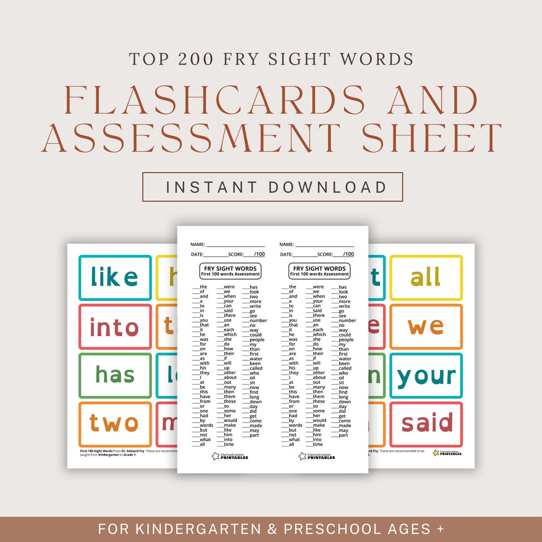 Fry Sight Words Flash Cards Top 200 Digital Download PDF Color and B&W ...
