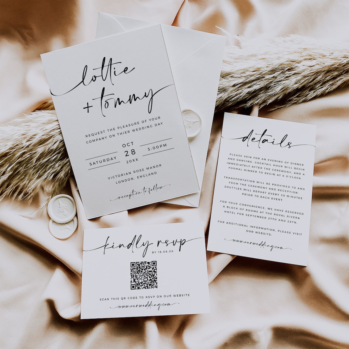 Wedding Invitation With QR Code, Minimalist Wedding Invite Template Set ...