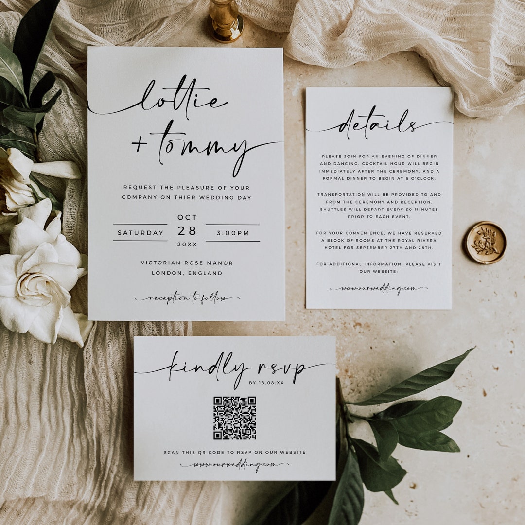 Wedding Invitation With QR Code, Minimalist Wedding Invite Template Set ...
