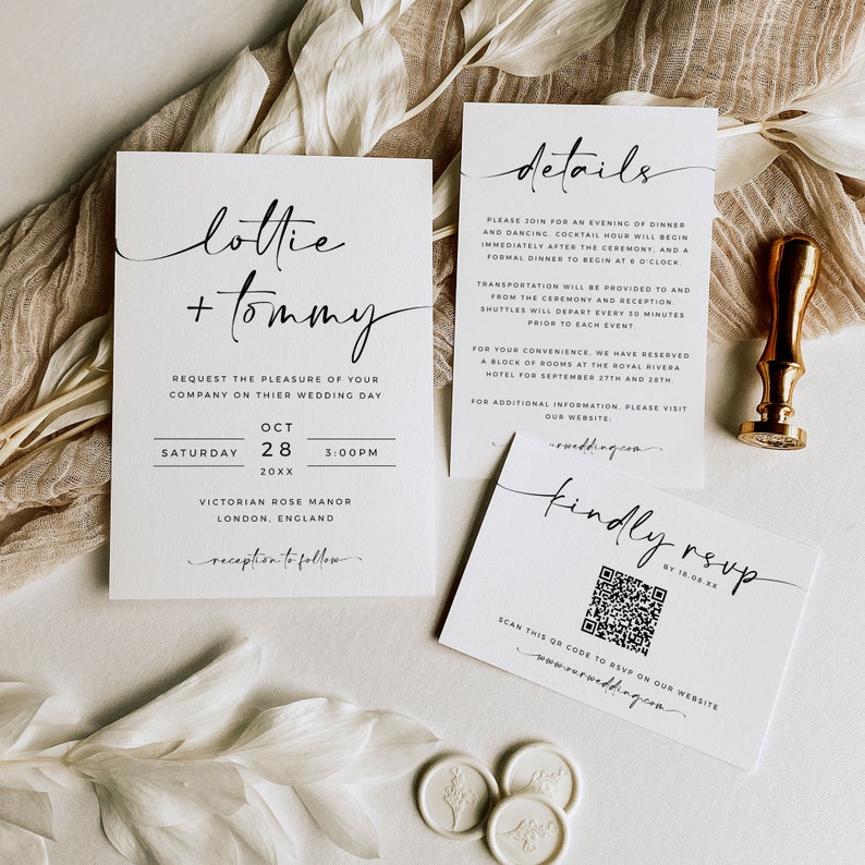 Wedding Invitation With QR Code, Minimalist Wedding Invite Template Set ...