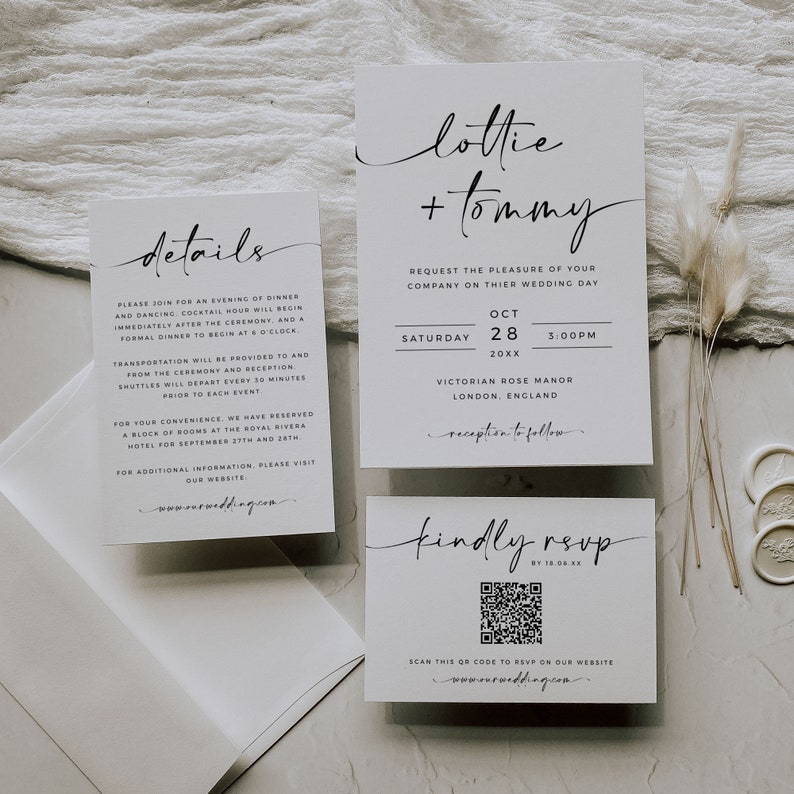 Wedding Invitation With QR Code, Minimalist Wedding Invite Template Set ...