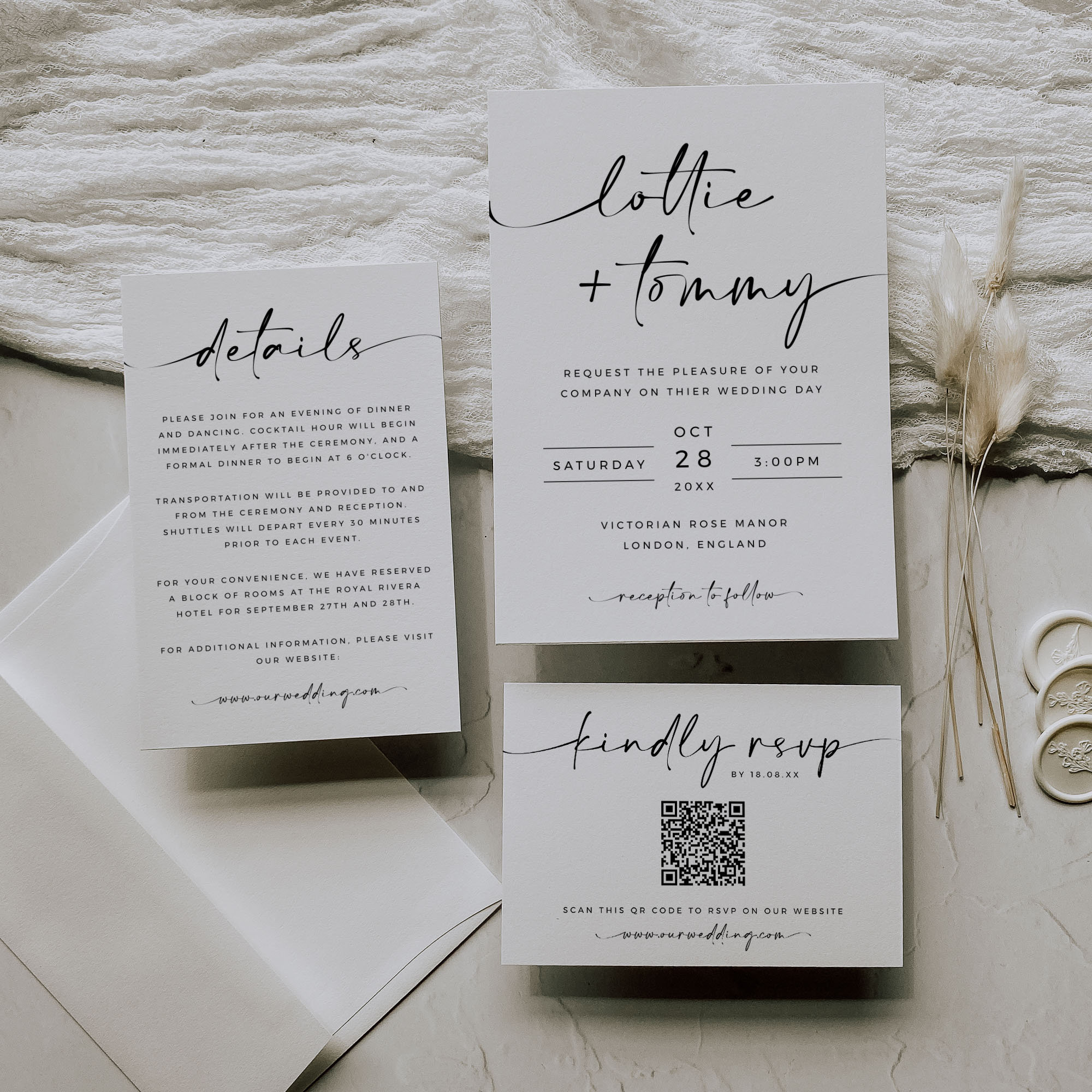 Wedding Invitation With QR Code, Minimalist Wedding Invite Template Set ...