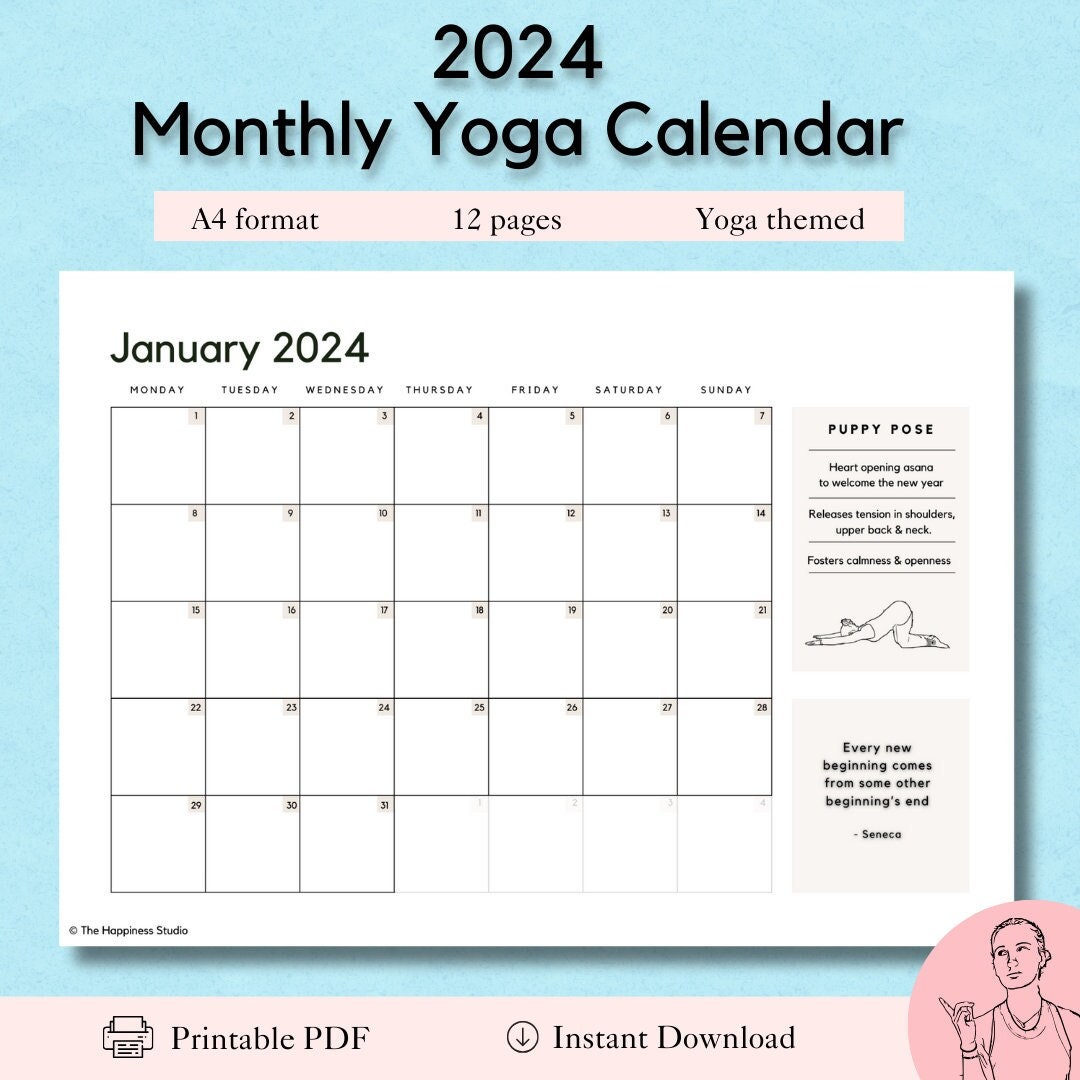 2024 Yoga Calendar Monthly Planner Landscape A4 Wall Calendar Monday ...