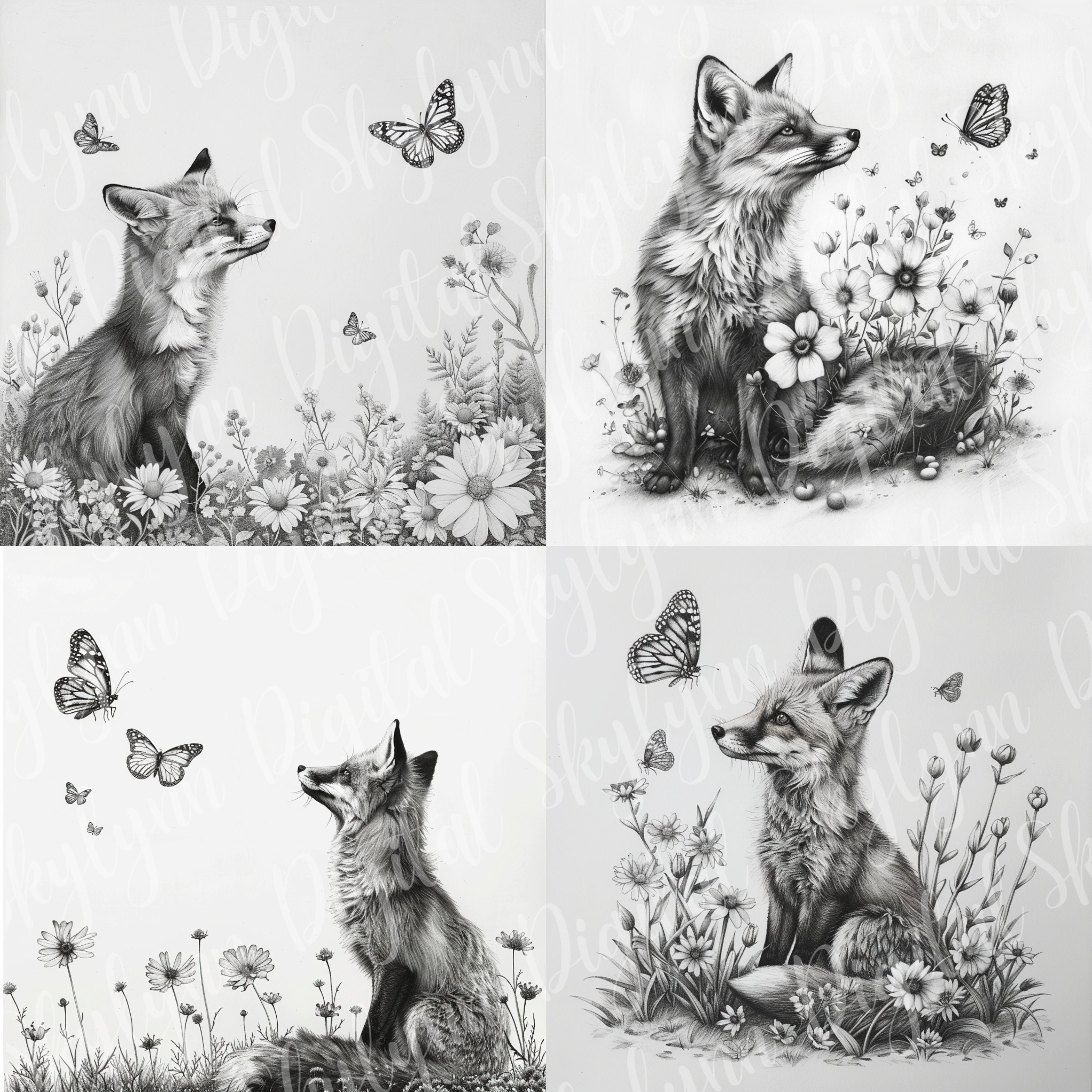 24 Fox and Flowers With Butterflies Clipart, Printable, Perfect for or ...
