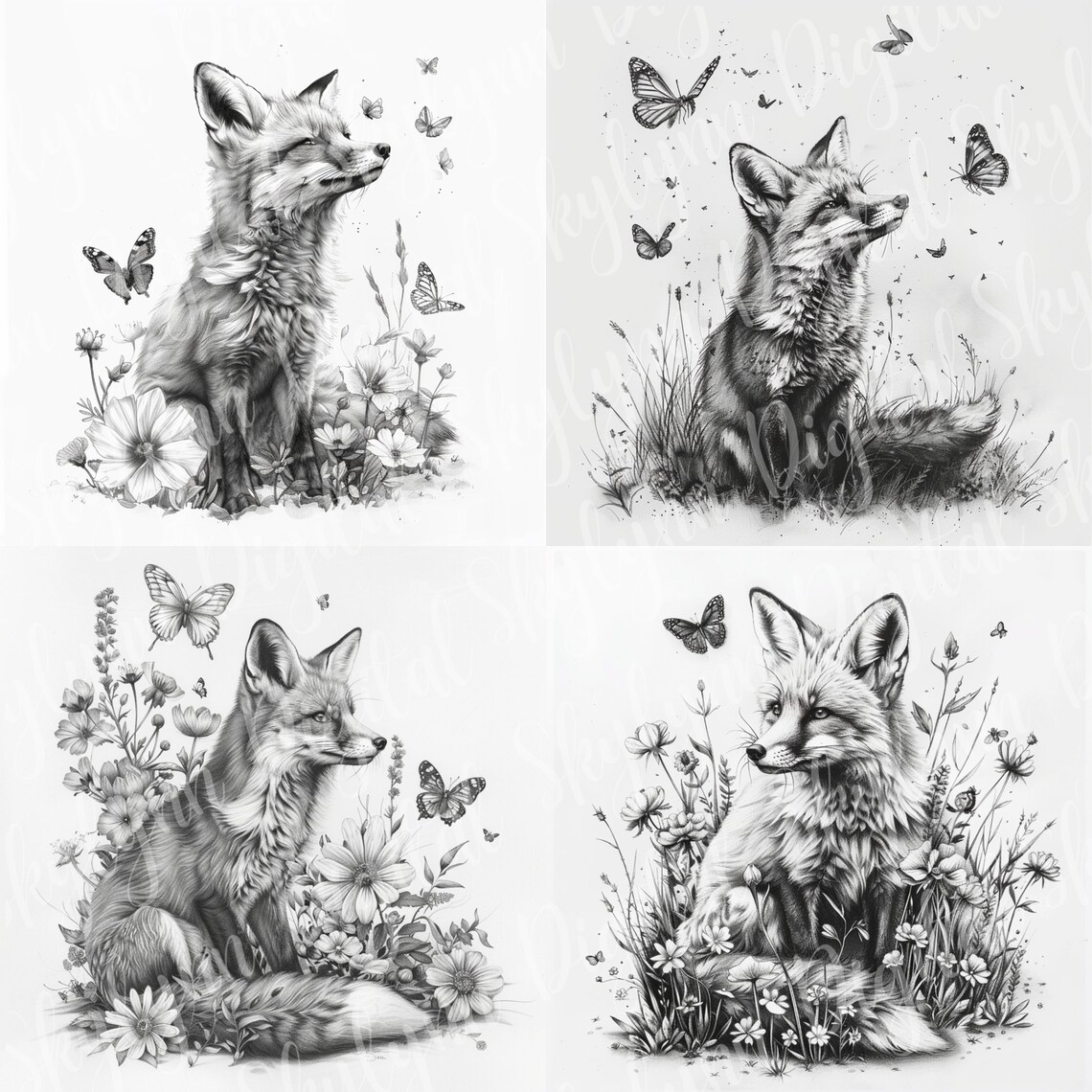 24 Fox and Flowers With Butterflies Clipart, Printable, Perfect for or ...