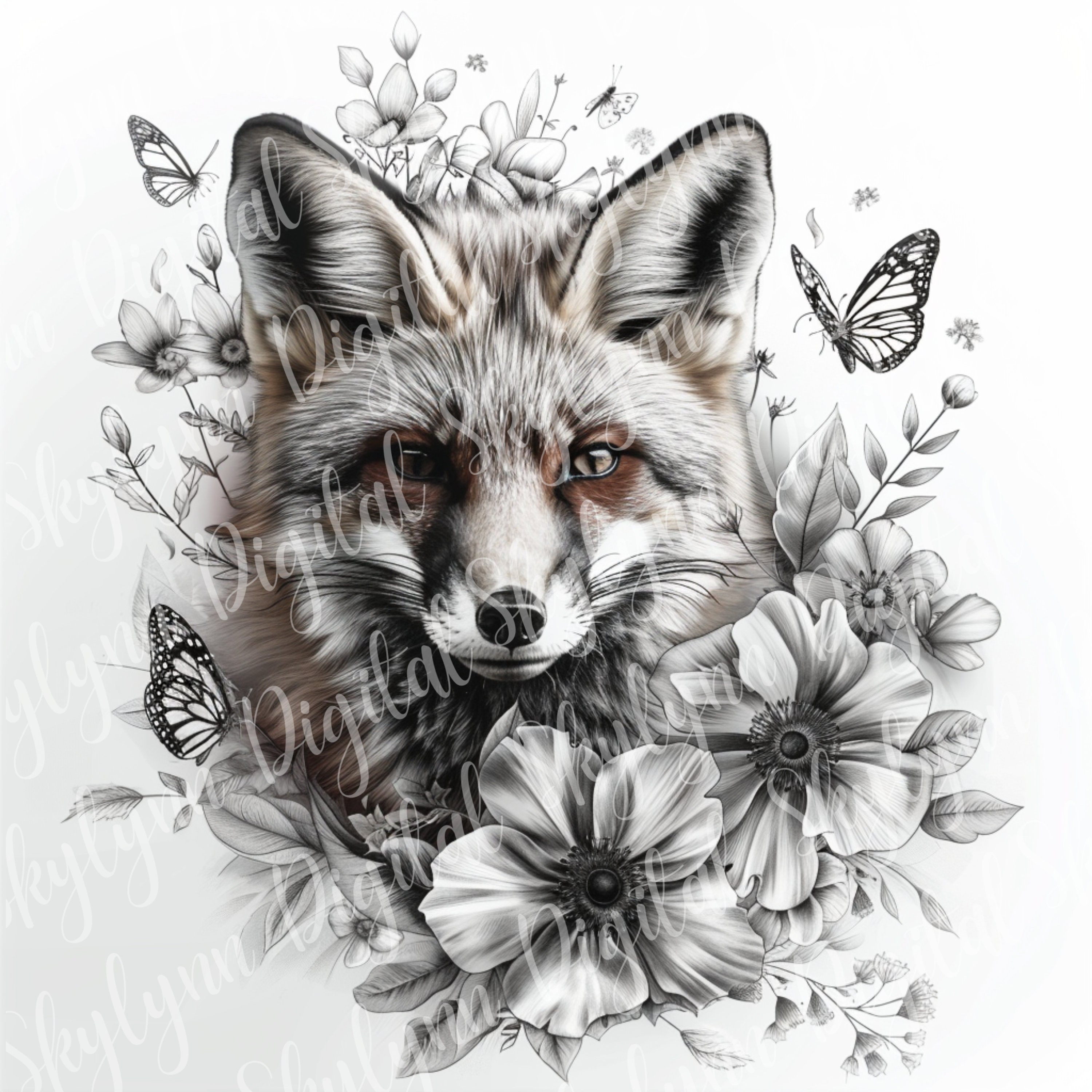 9 Fox and Flowers With Butterflies Clipart, Printable, Perfect for or ...