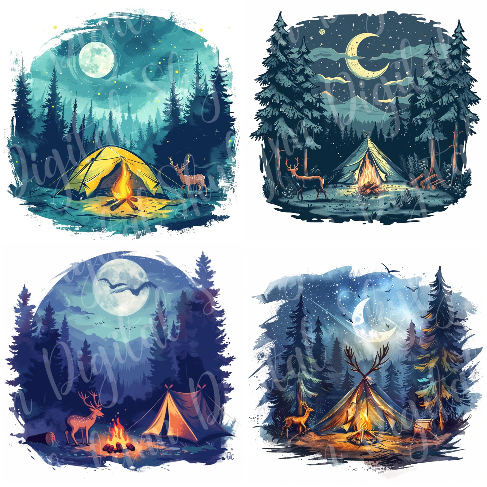 19 Camping Scenes, Watercolor, Clipart, Celestial Design Art, Printable ...