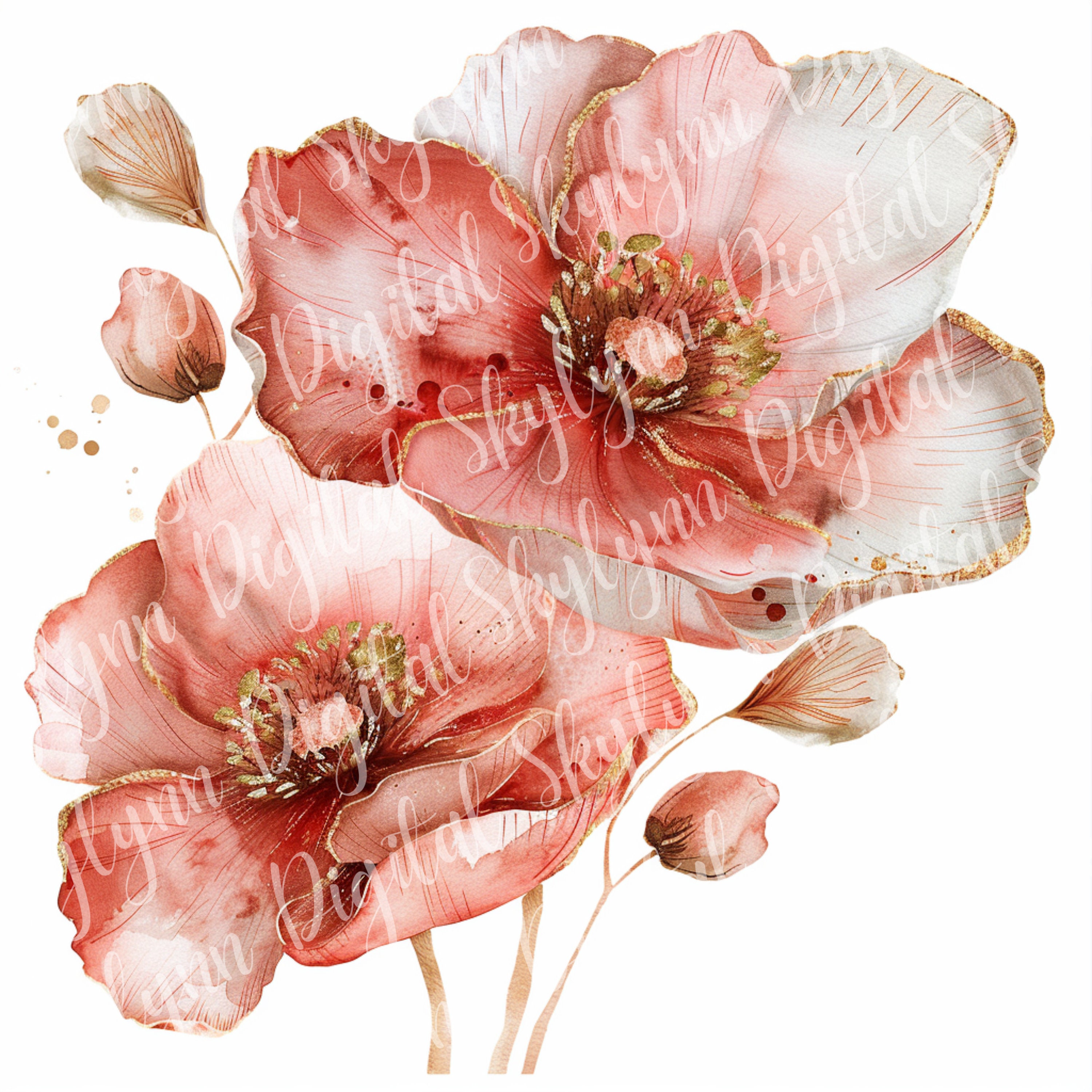 8 Red and Gold Watercolor Flowers Clipart, Printable, Perfect for or ...