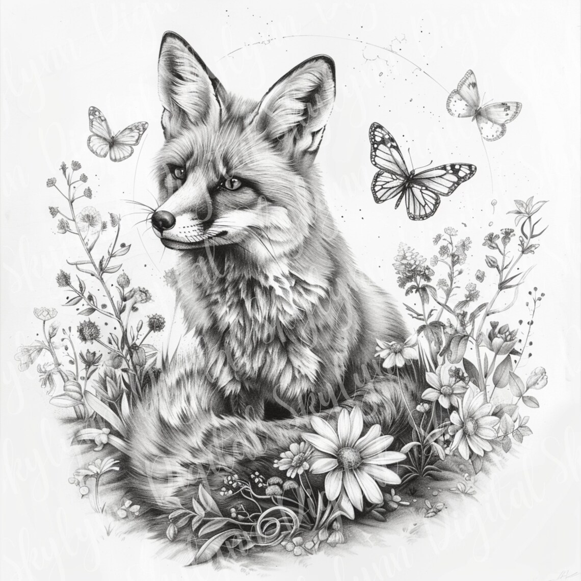 24 Fox and Flowers With Butterflies Clipart, Printable, Perfect for or ...