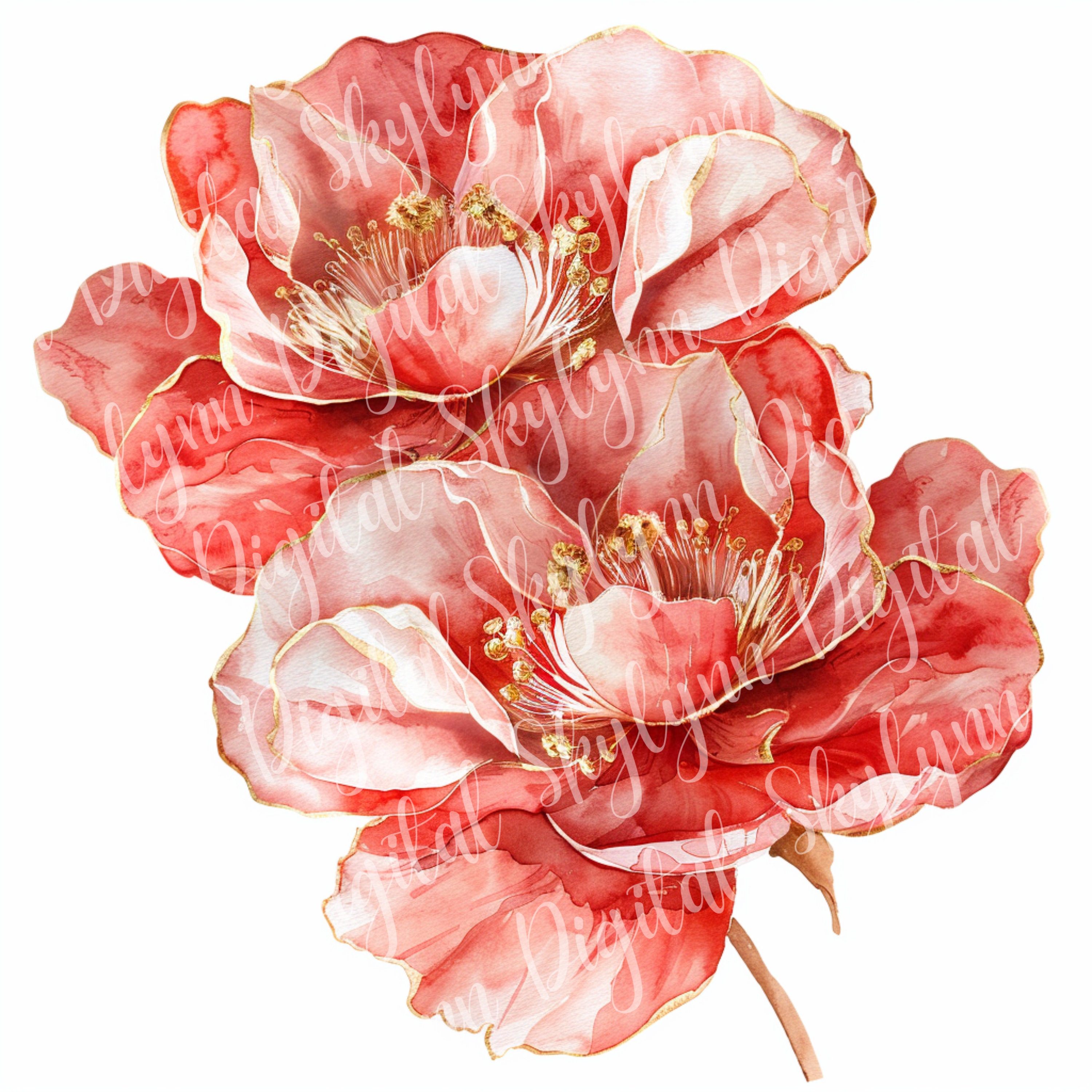 8 Red and Gold Watercolor Flowers Clipart, Printable, Perfect for or ...