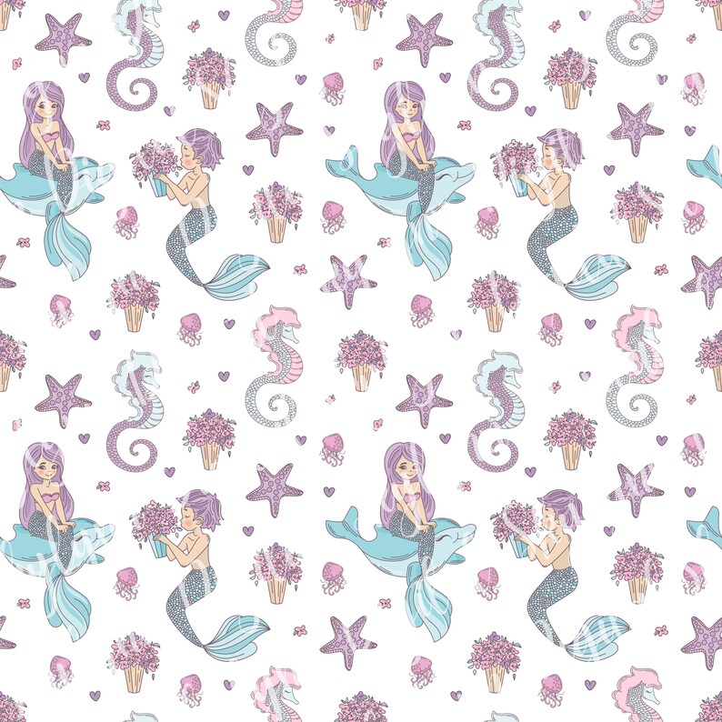 Mermaid Girl and Merman Boy Couple Little Girl Seamless Design, Perfect ...