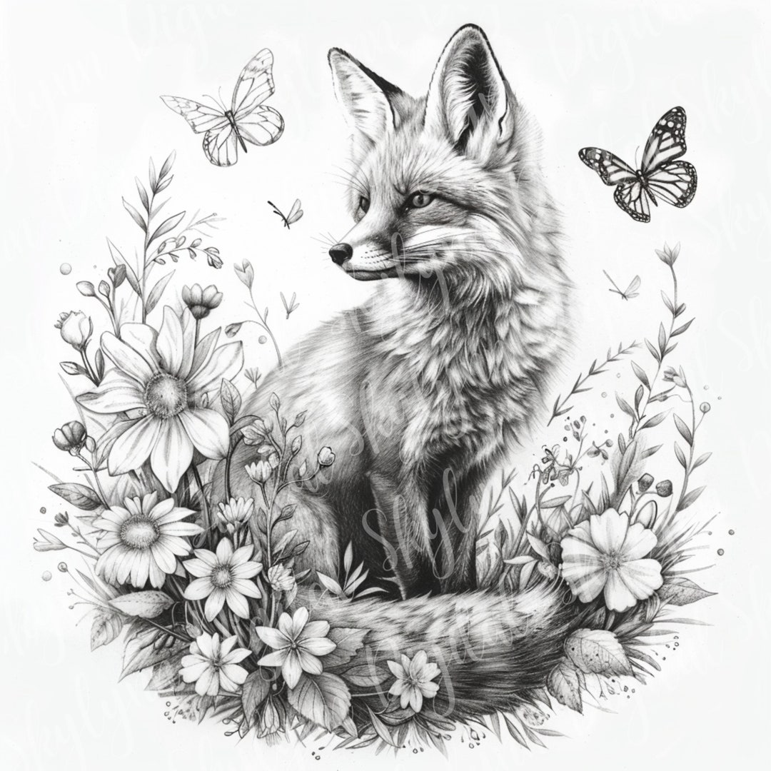 24 Fox and Flowers With Butterflies Clipart, Printable, Perfect for or ...