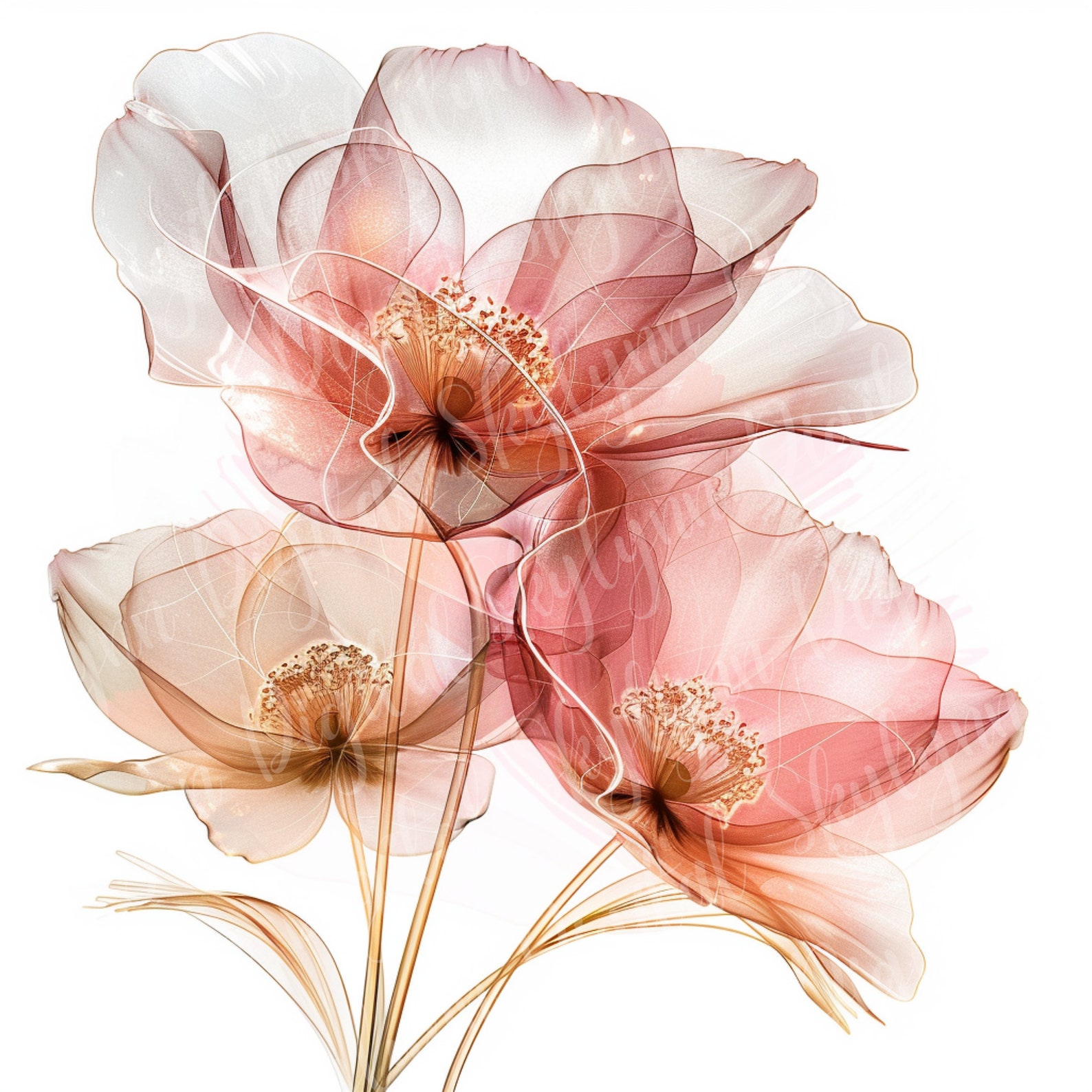 5 Pink and Gold Watercolor Flowers Clipart, Printable, Perfect for or ...