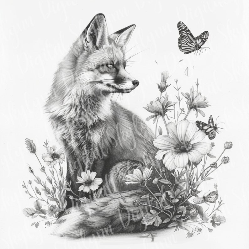 24 Fox and Flowers With Butterflies Clipart, Printable, Perfect for or ...