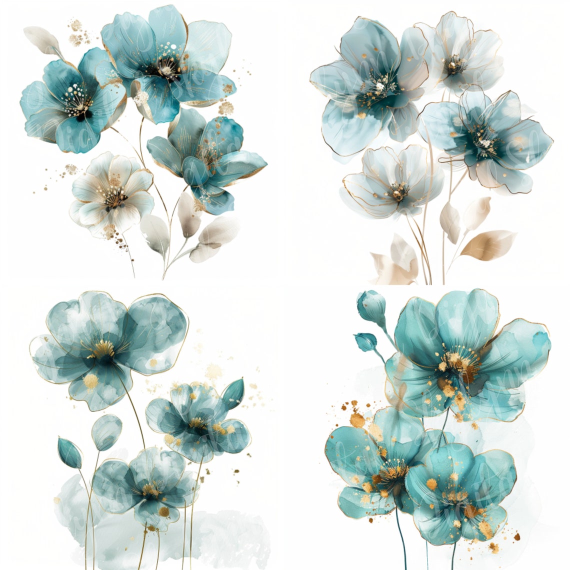 8 Teal and Gold Watercolor Flowers Clipart, Printable, Perfect for or ...