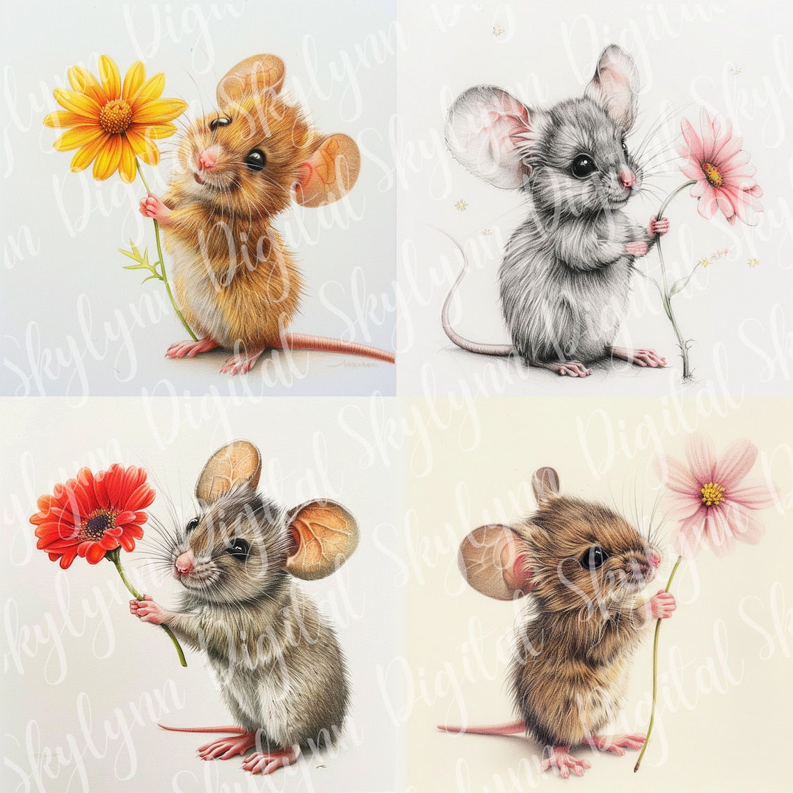 17 Adorable Mouse and Flower Clipart, Printable, Perfect for or Any ...