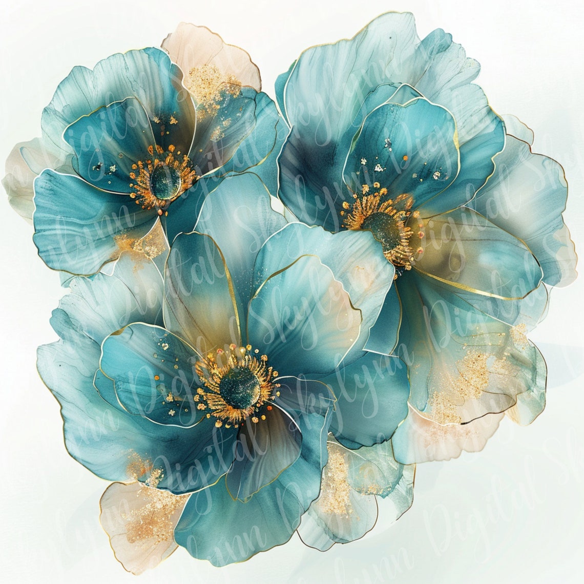 8 Teal and Gold Watercolor Flowers Clipart, Printable, Perfect for or ...