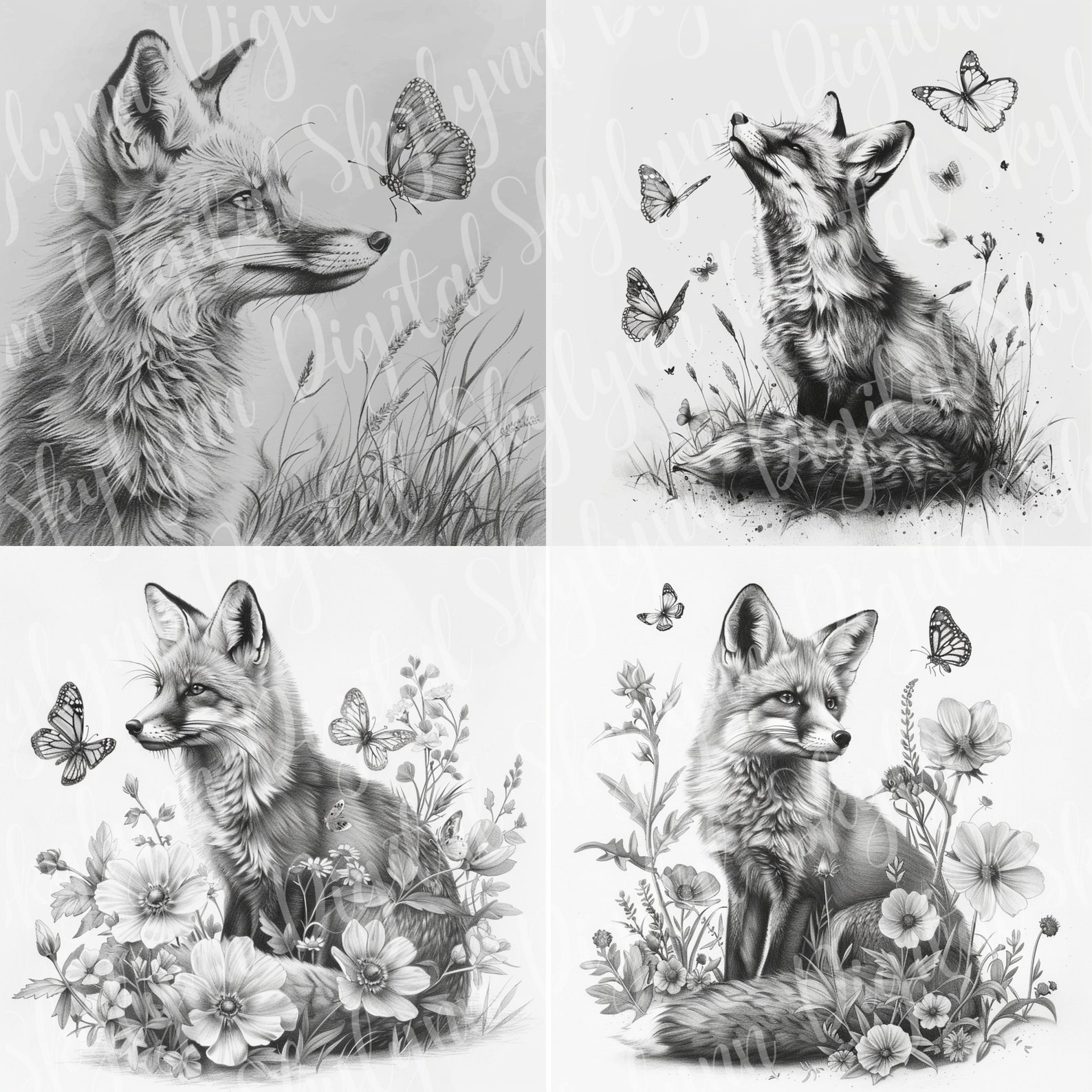 24 Fox and Flowers With Butterflies Clipart, Printable, Perfect for or ...