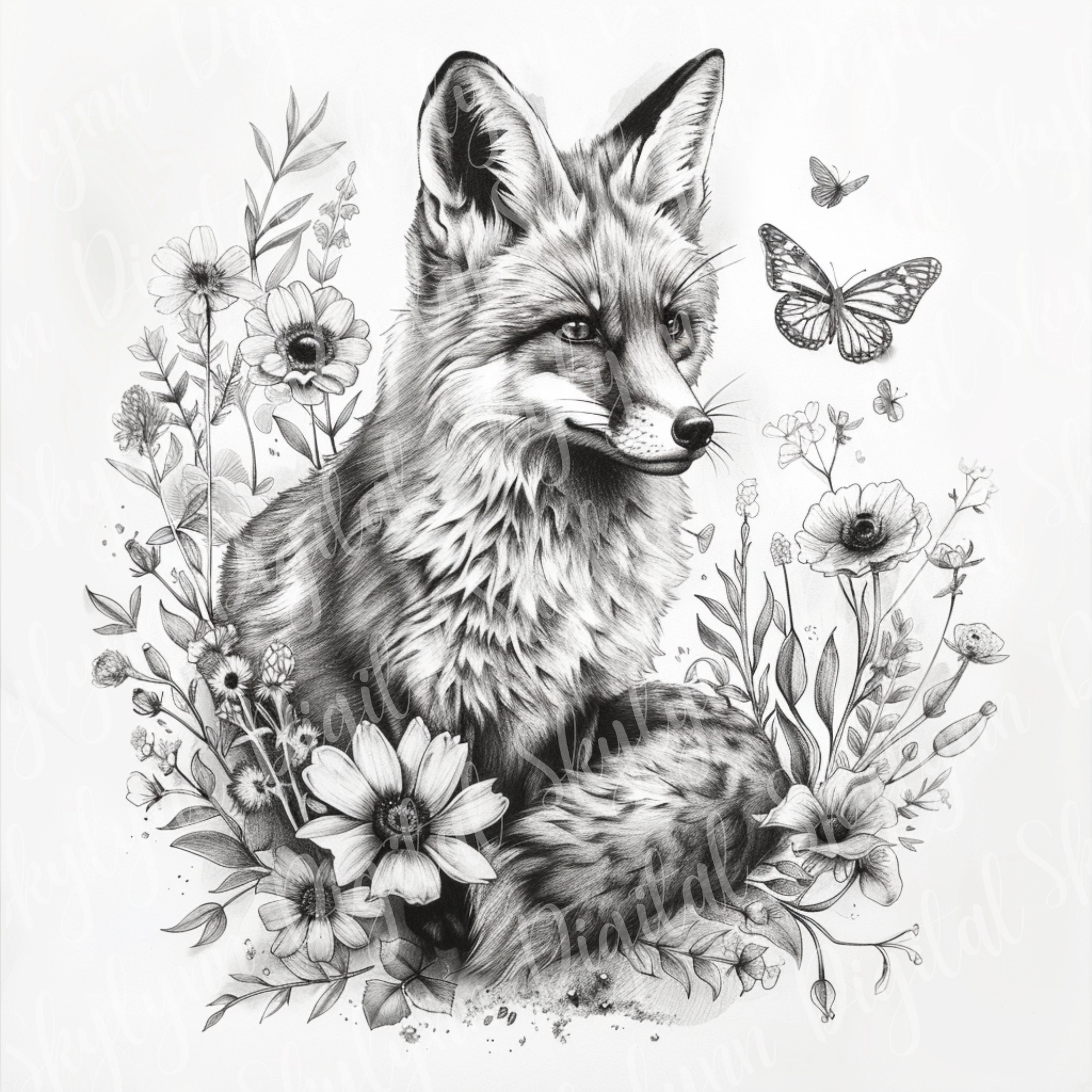 24 Fox and Flowers With Butterflies Clipart, Printable, Perfect for or ...