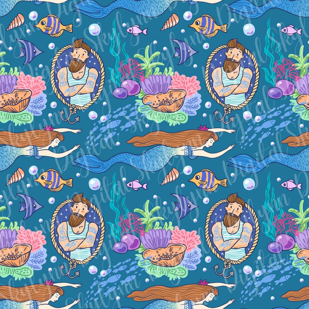 Blue Merman and Mermaid Couple Little Girl Seamless Design, Perfect ...