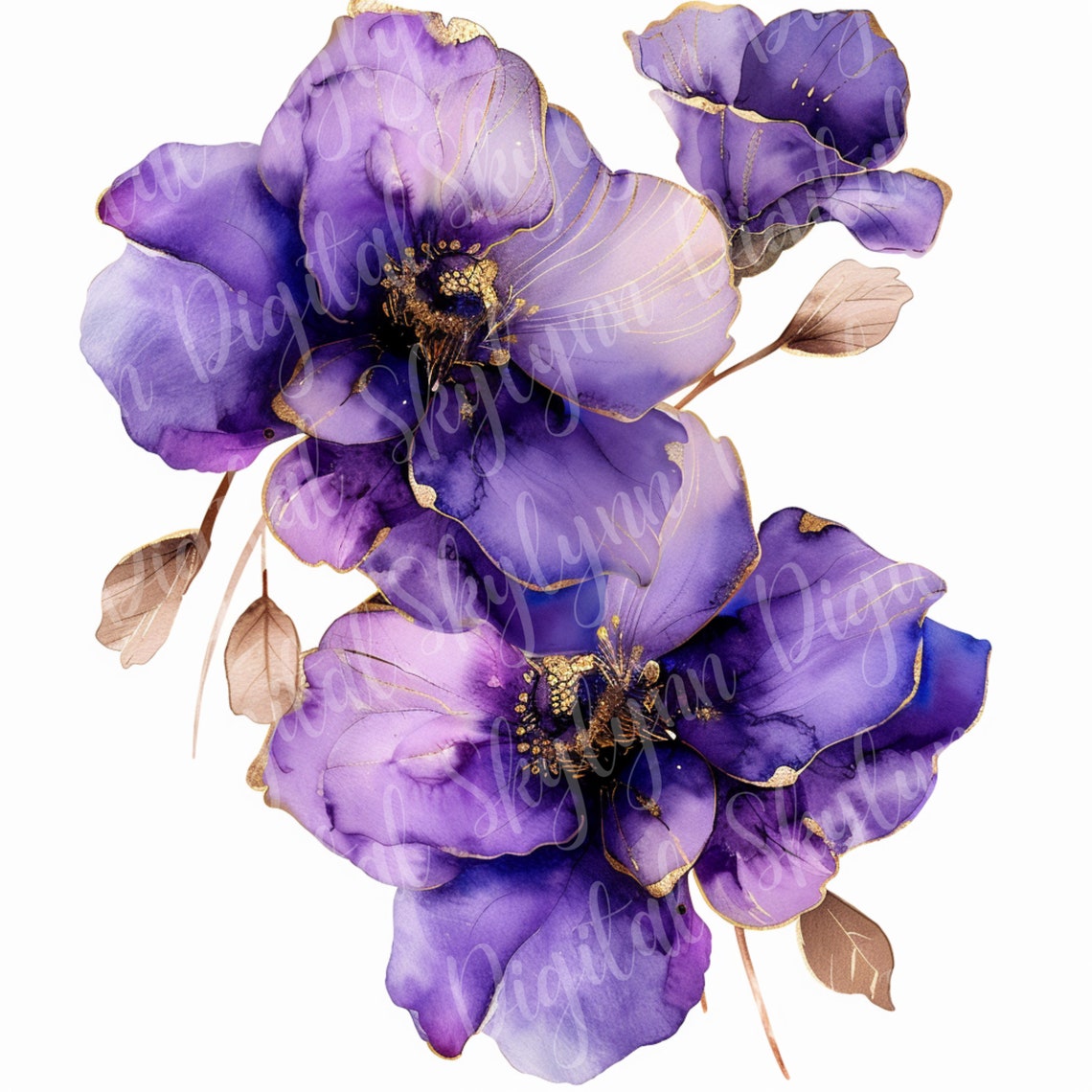 8 Purple and Gold Watercolor Flowers Clipart, Printable, Perfect for or ...