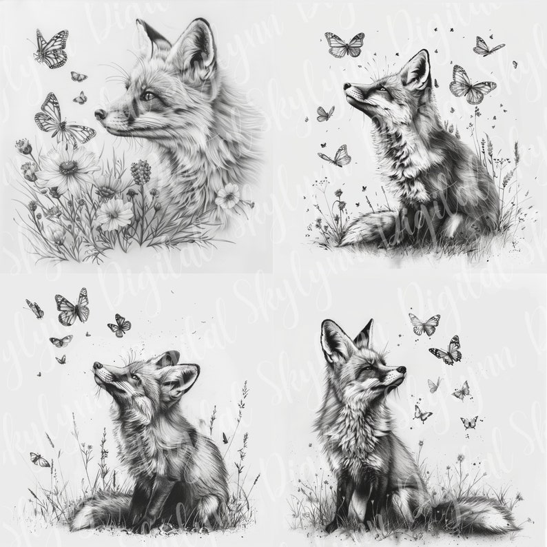 24 Fox and Flowers With Butterflies Clipart, Printable, Perfect for or ...
