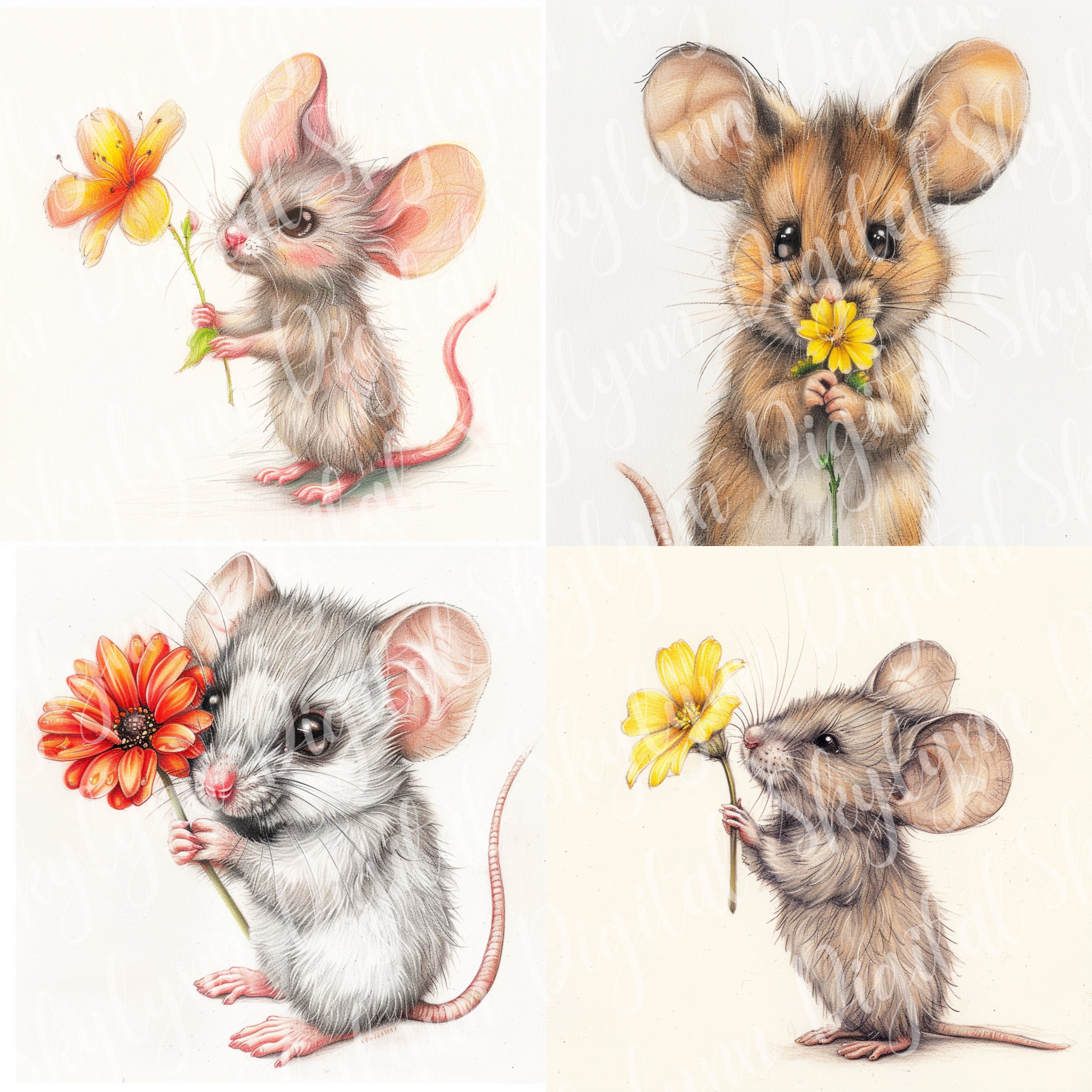17 Adorable Mouse and Flower Clipart, Printable, Perfect for or Any ...