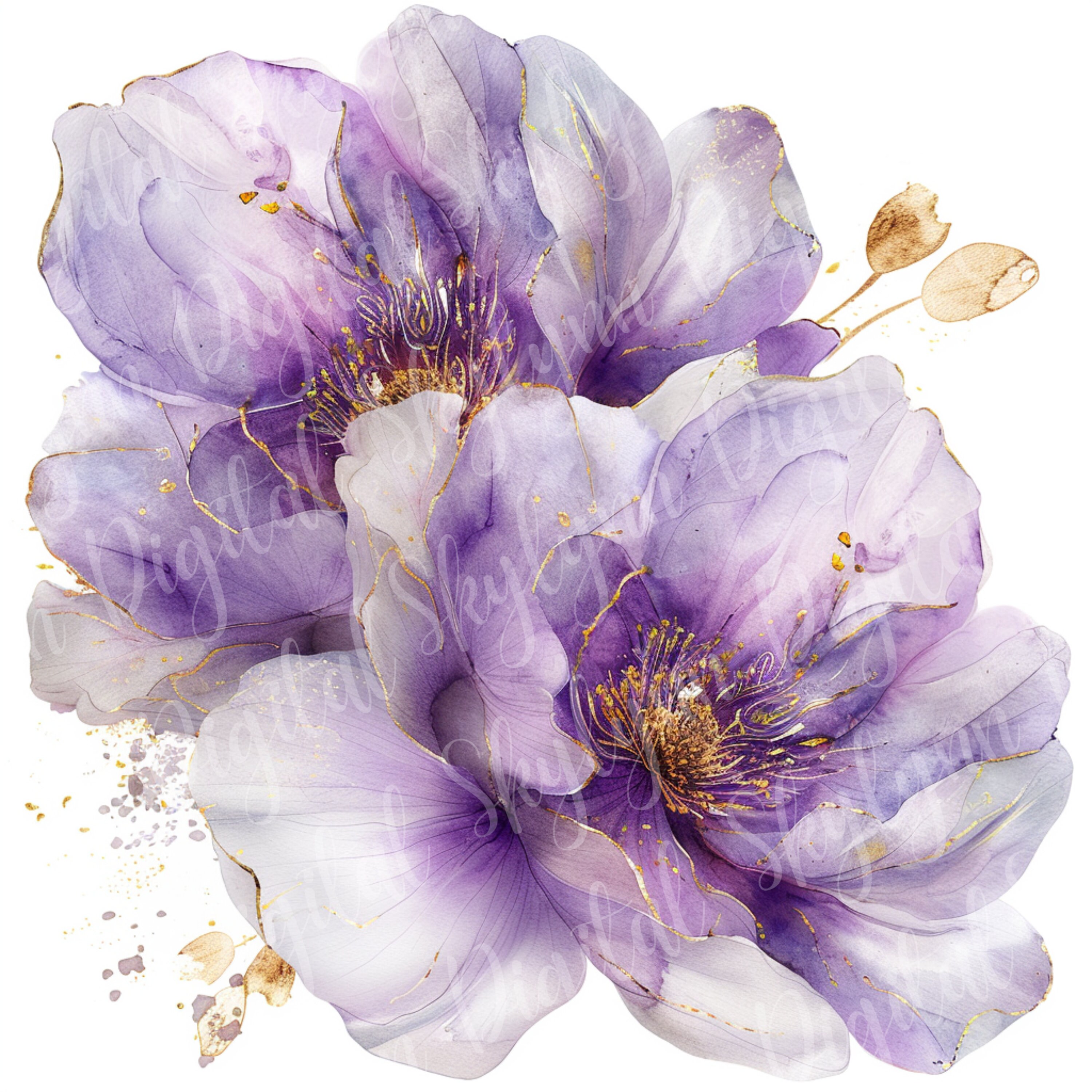 8 Purple and Gold Watercolor Flowers Clipart, Printable, Perfect for or ...